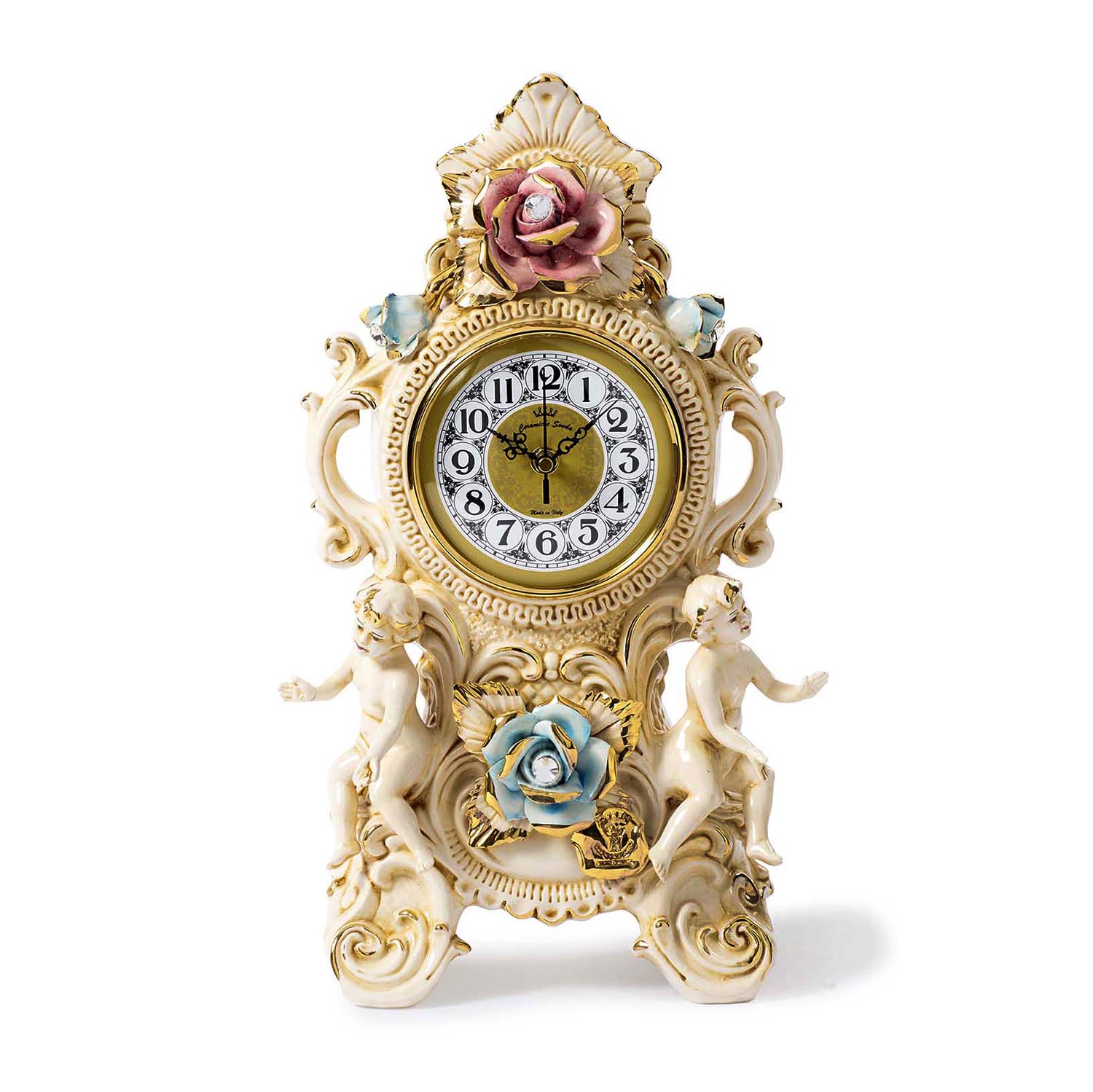 Capodimonte clock with two-tone roses and cherubs €261.00 | Ceramiche Sonda
